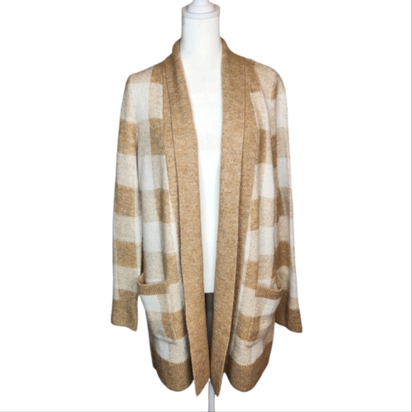 LOFT | Sweaters | New Loft Tan Checked Plaid Long Open Cardigan Size ...